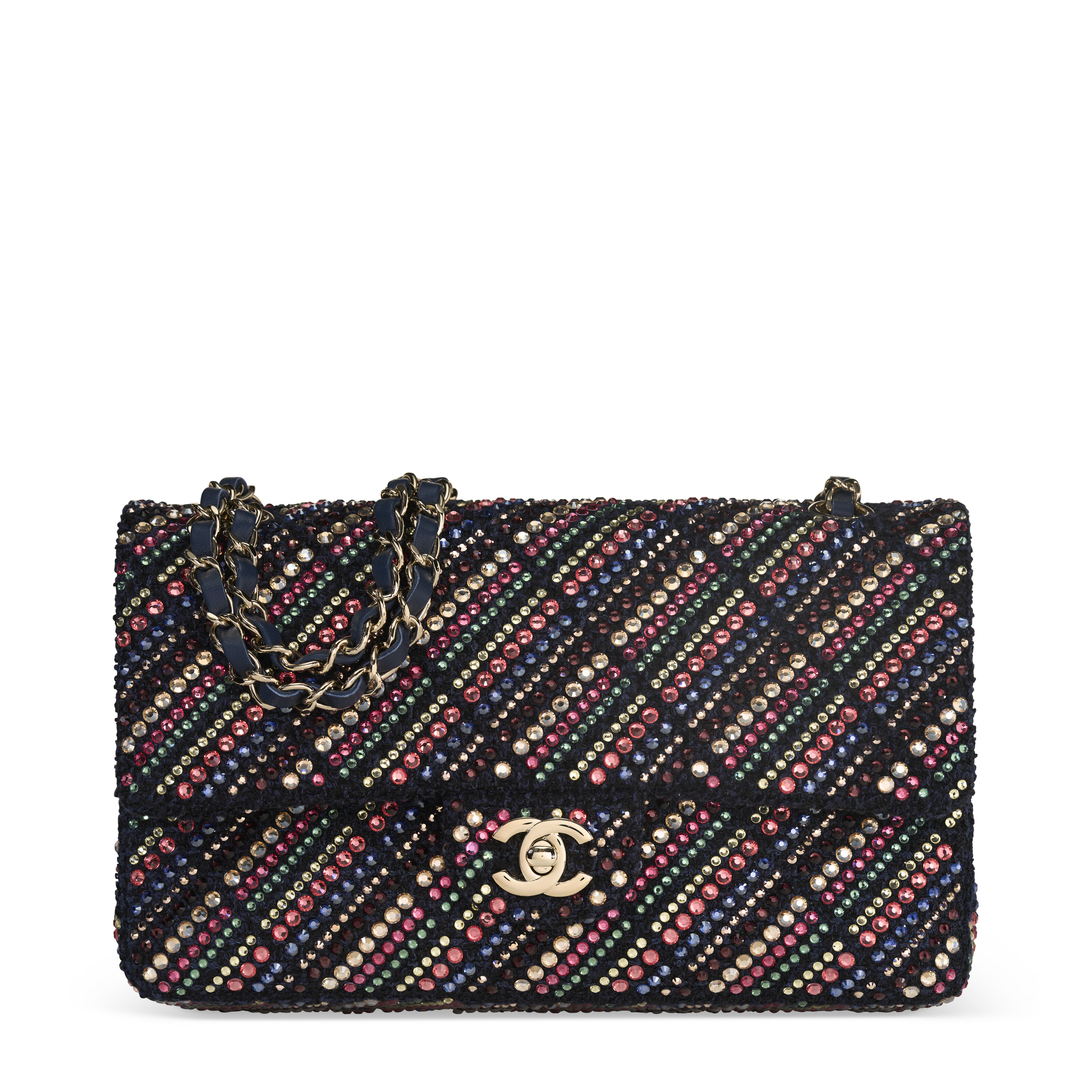 A MULTICOLOR STRASS CRYSTAL AND NAVY TWEED CLASSIC MEDIUM DOUBLE FLAP ...