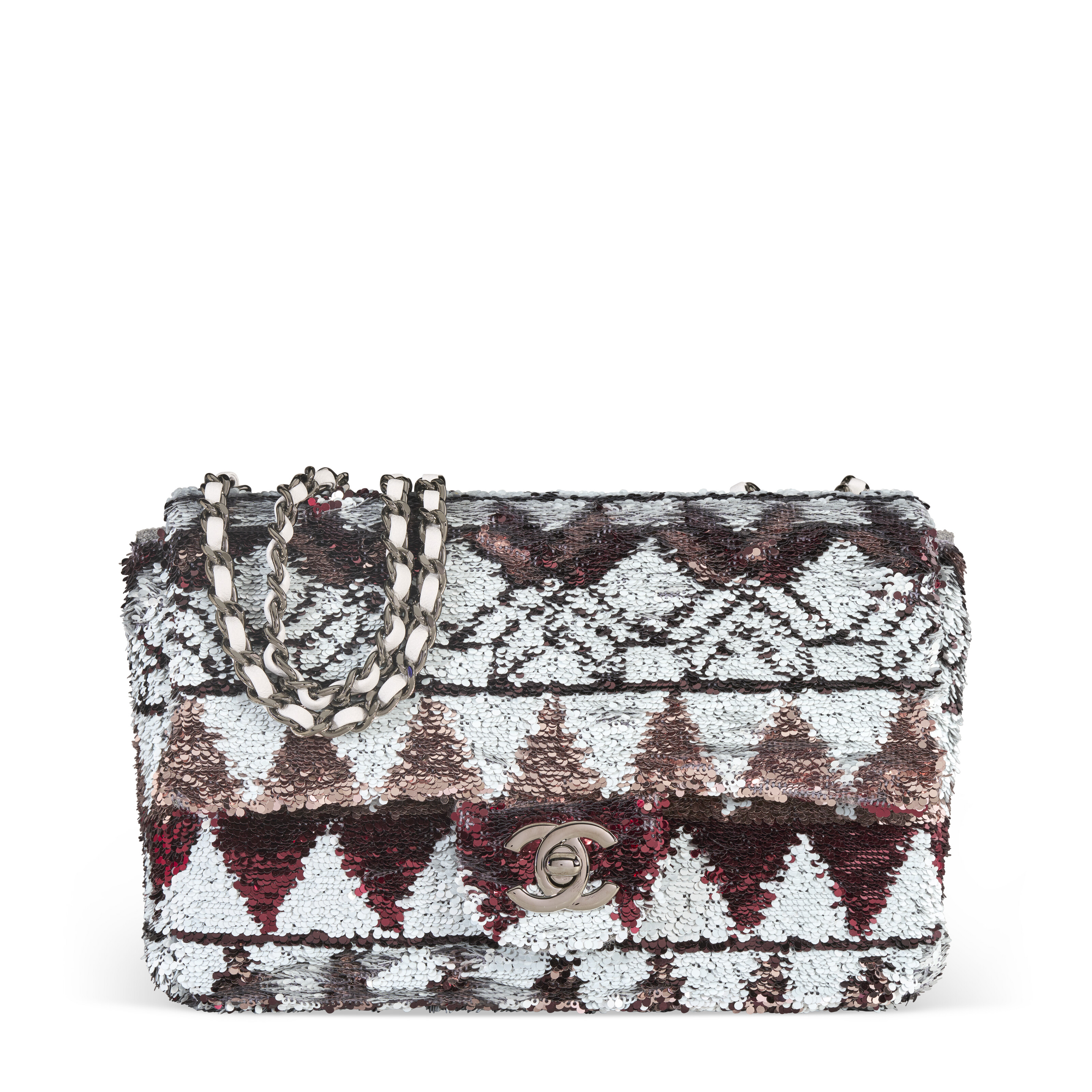 A GREY & BURGUNDY SEQUIN FAIR ISLE MINI FLAP WITH SILVER HARDWARE ...