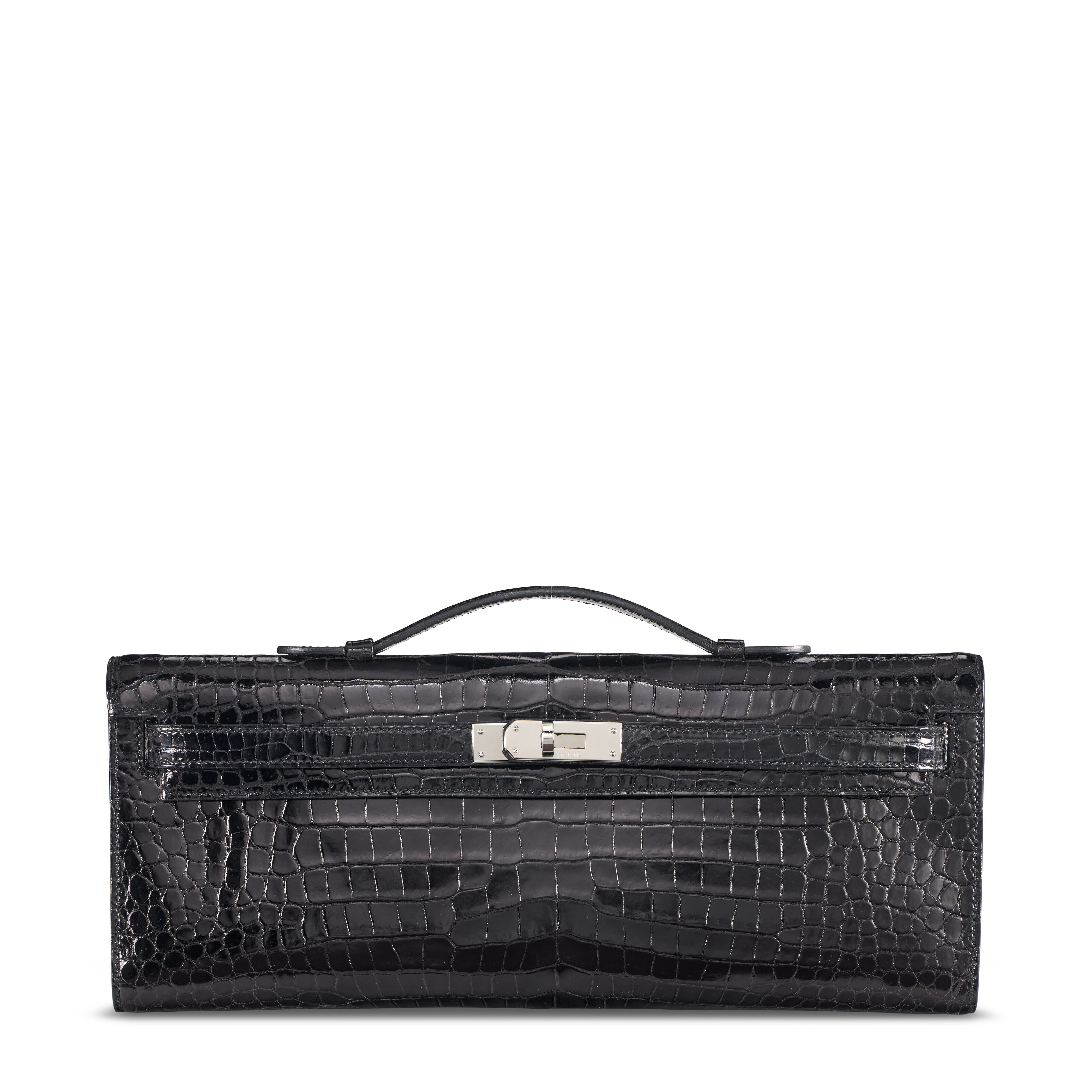 A SHINY BLACK POROSUS CROCODILE KELLY CUT WITH PALLADIUM HARDWARE ...