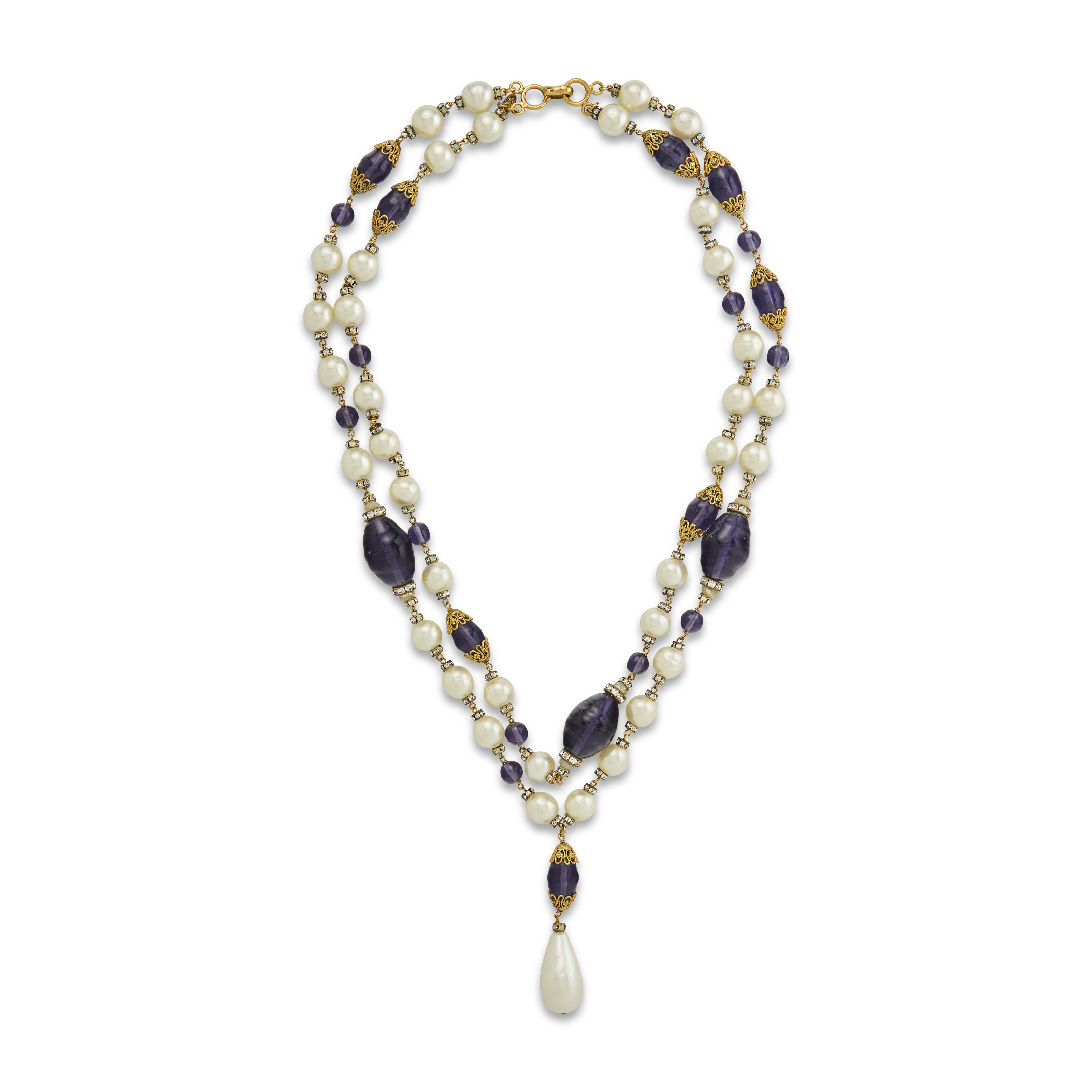 A STRIKING AMETHYST GRIPOIX GLASS, FAUX PEARL & STRASS DOUBLE NECKLACE ...