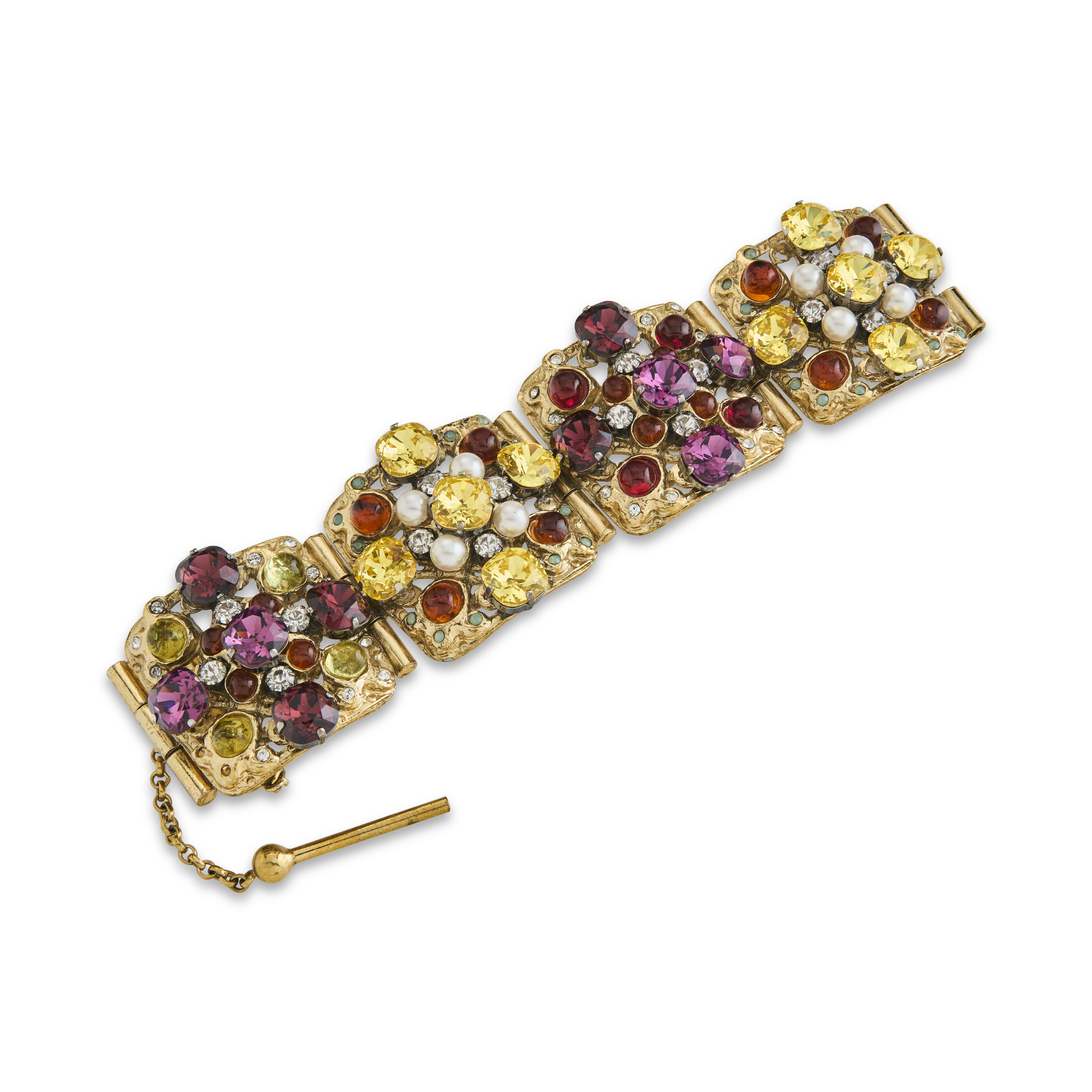 A PURPLE & YELLOW CRYSTAL, STRASS AND FAUX PEARL BRACELET, CHANEL, FALL ...