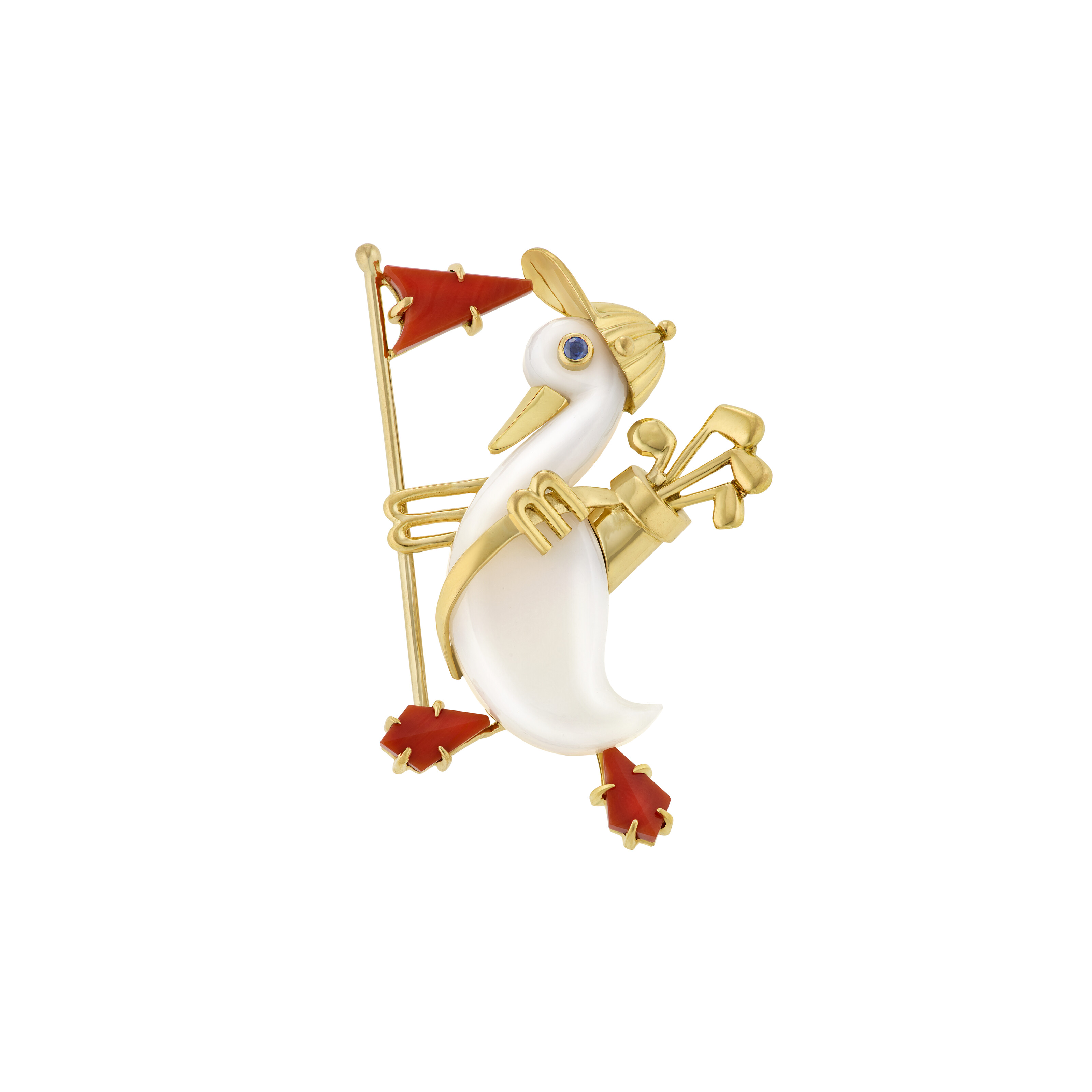 CARTIER CHALCEDONY, CORAL AND SAPPHIRE GOLFER DUCK BROOCH, | Christie’s