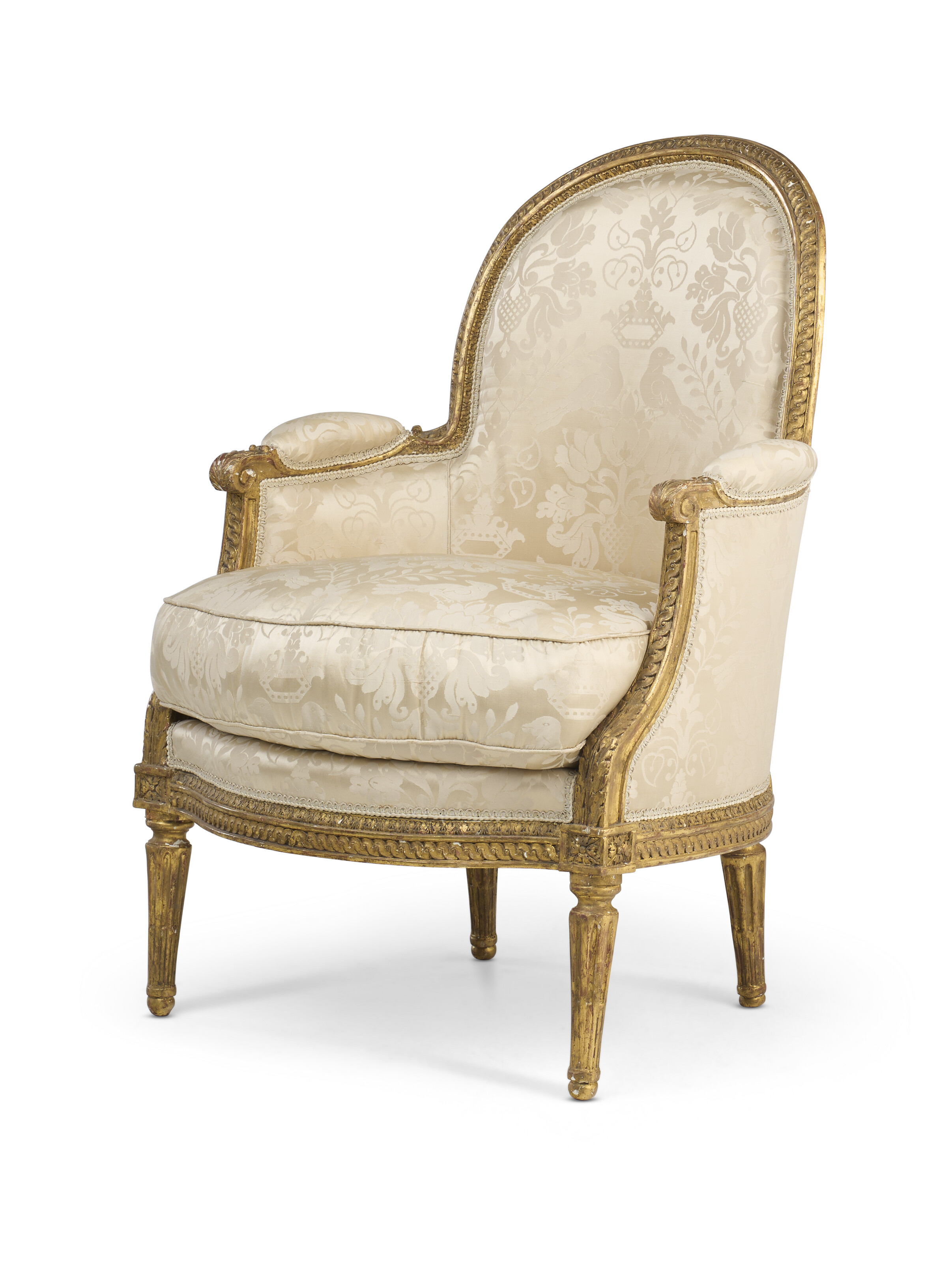 A FRENCH GILTWOOD BERGERE, LATE 19TH/EARLY 20TH CENTURY, COVERED IN ...