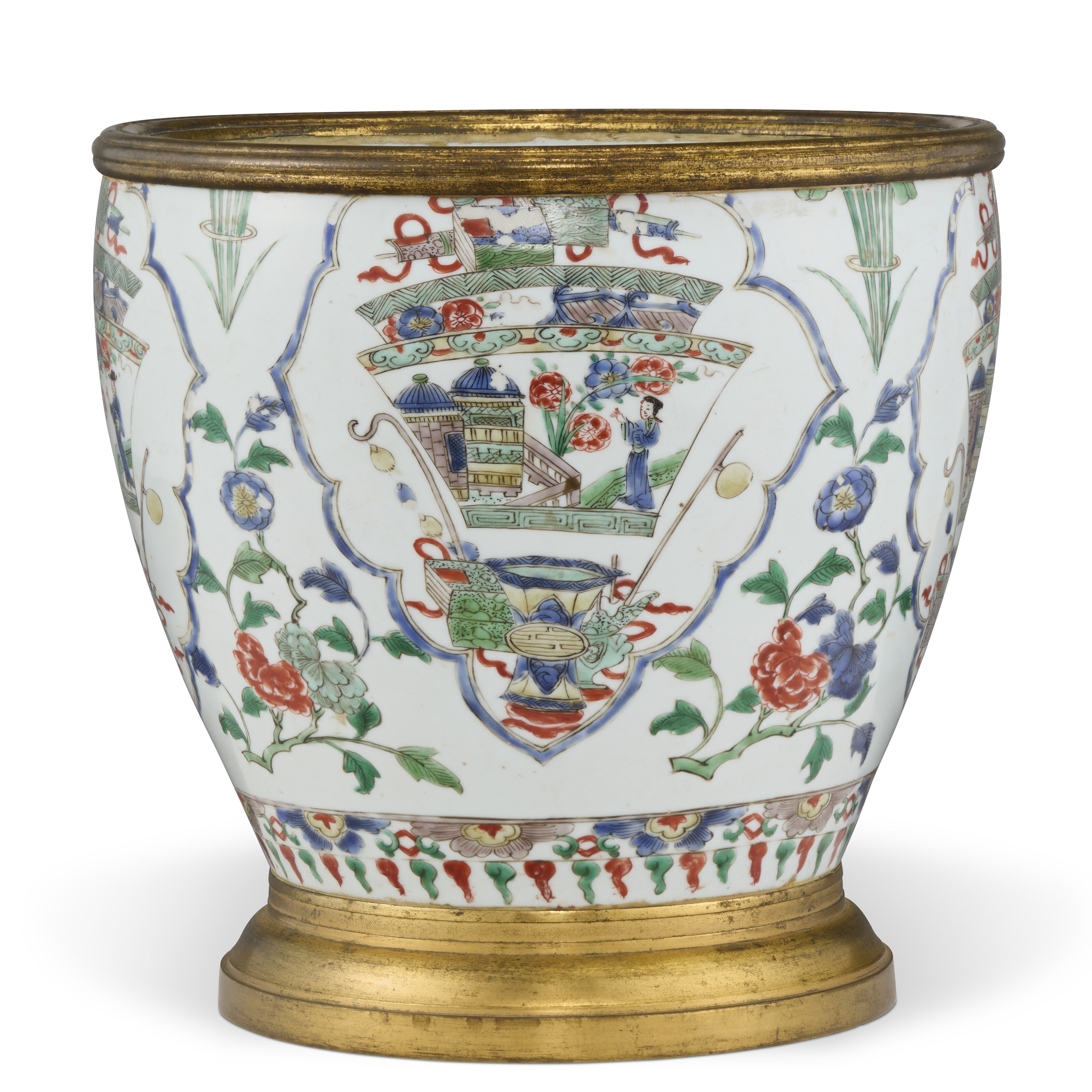 A LATE LOUIS XVI ORMOLU-MOUNTED CHINESE WUCAI PORCELAIN JARDINIERE, THE ...