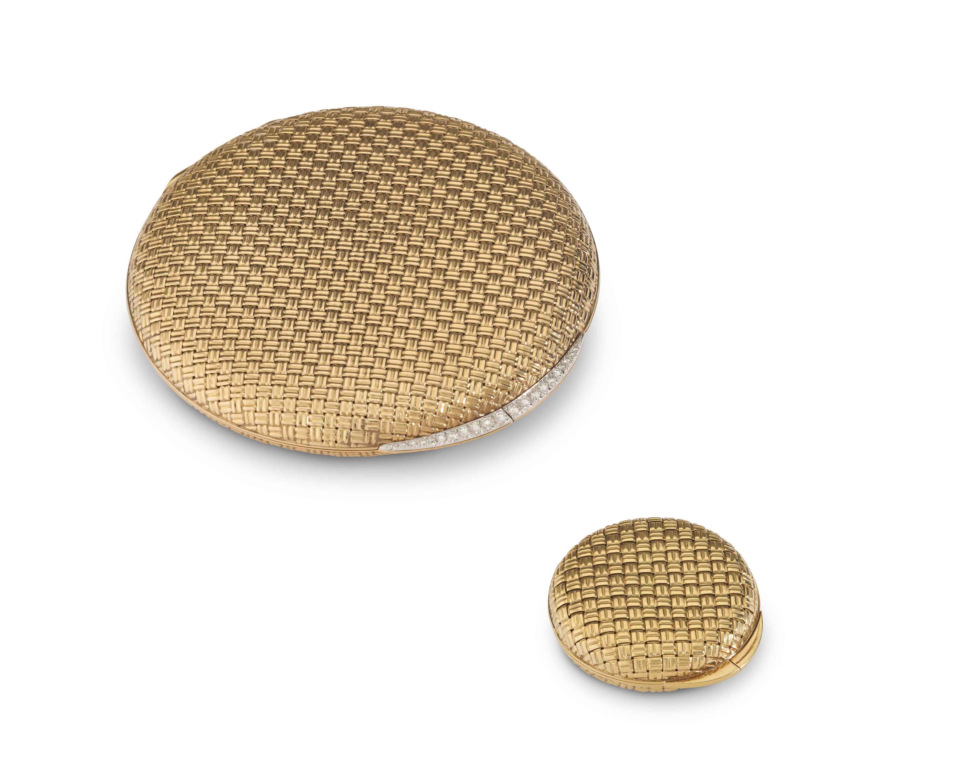 A FRENCH JEWELED GOLD COMPACT AND AN AMERICAN GOLD PILL BOX, MARK OF ...