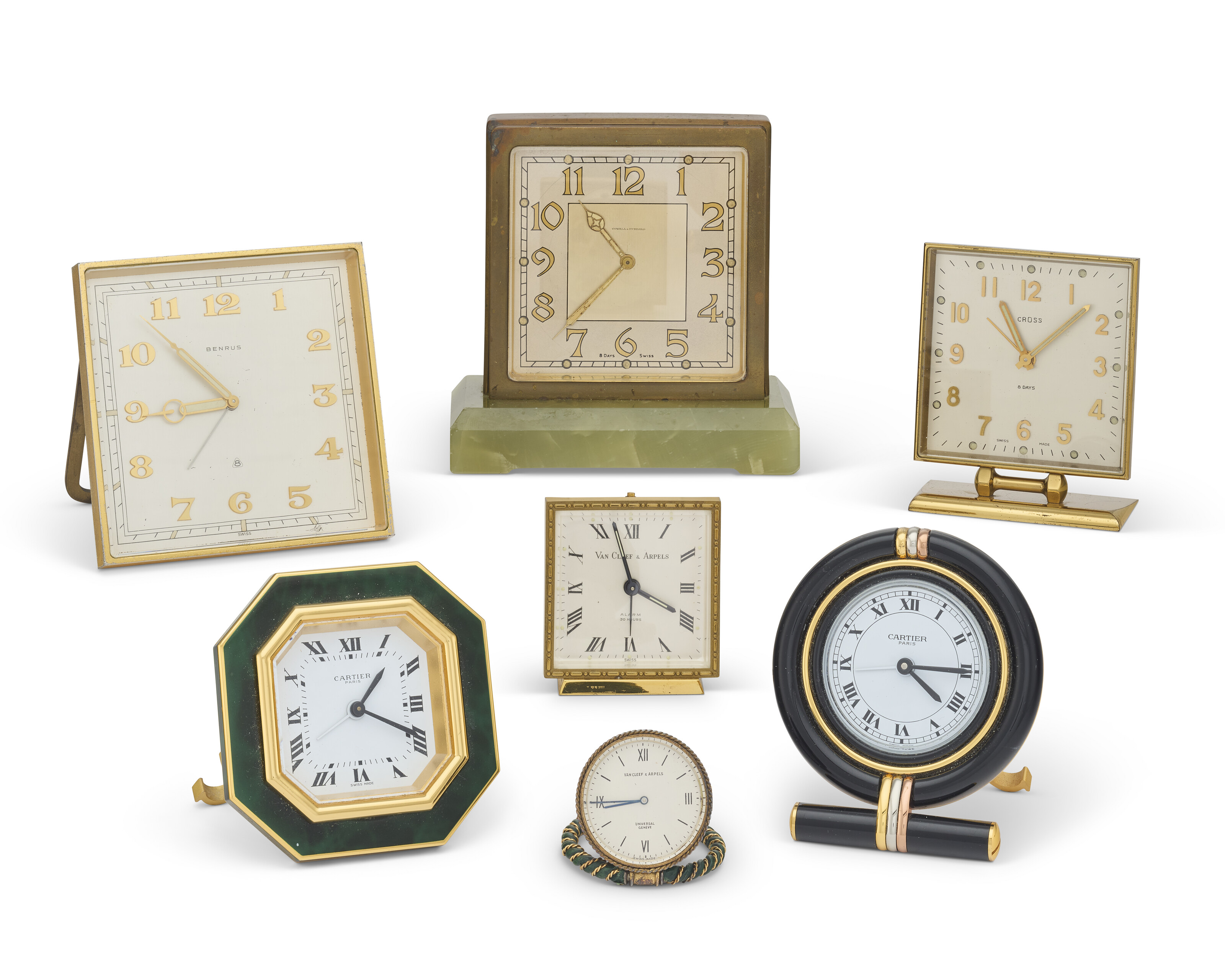 A GROUP OF SEVEN TRAVEL AND DESK CLOCKS, VARIOUS MAKERS INCLUDING ...