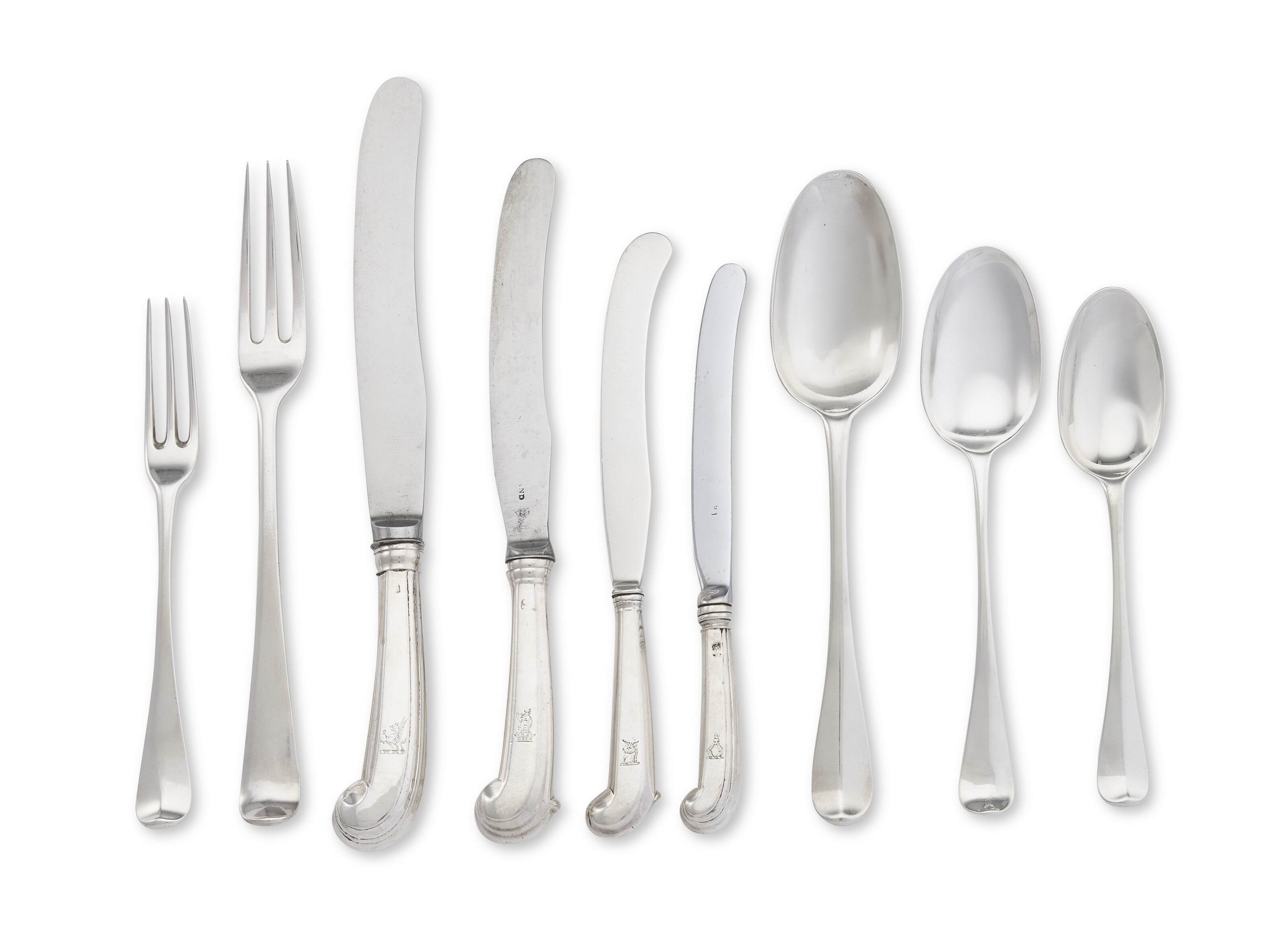 AN ASSEMBLED ENGLISH SILVER TABLE SERVICE, VARIOUS MAKERS, MOST LONDON ...