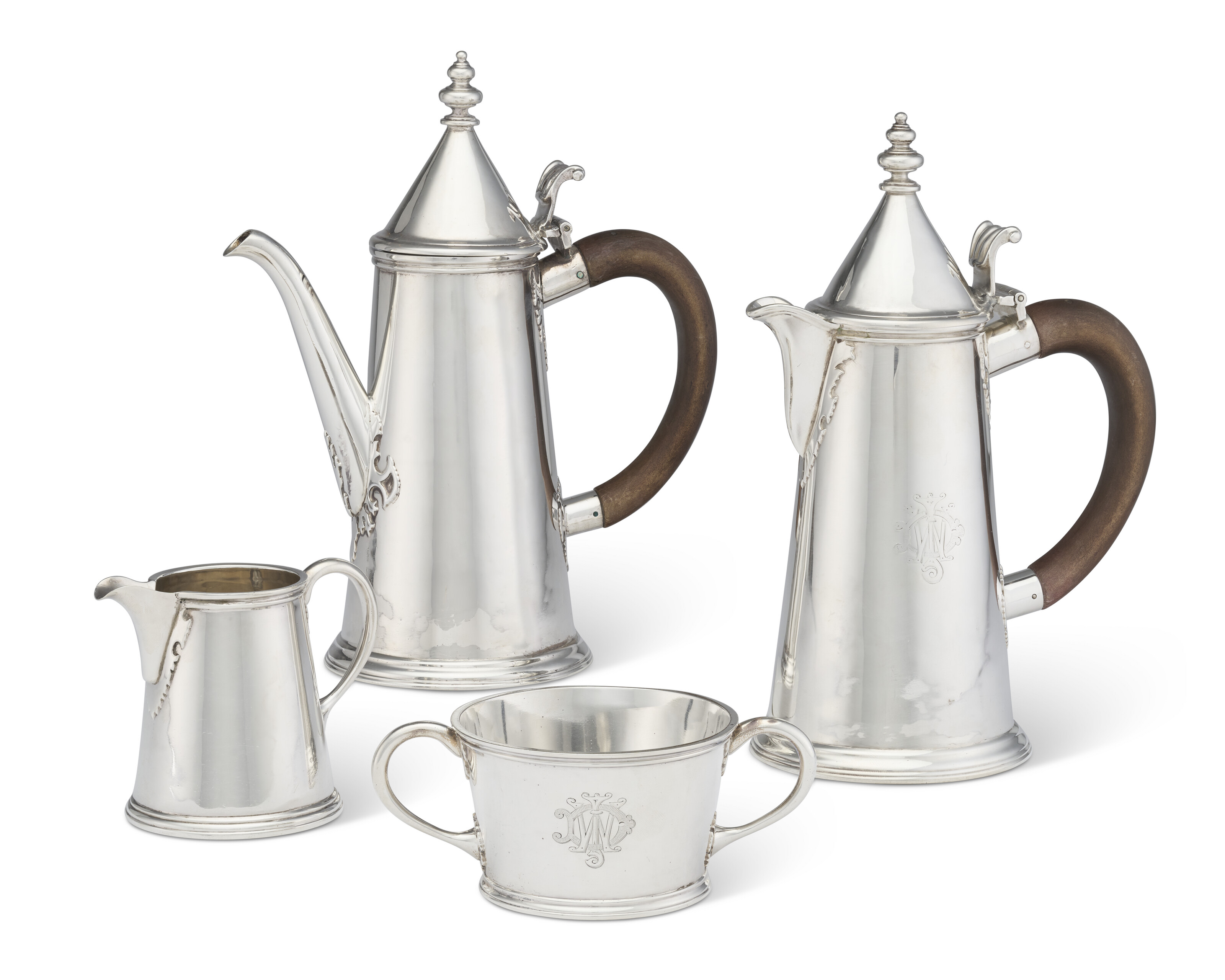 A GEORGE VI SILVER FOUR-PIECE BREAKFAST COFFEE SERVICE, MARK OF ROCHARD ...