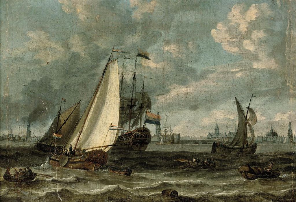 ABRAHAM STORCK Circle of, Harbour with boats at anchor and merchants on ...