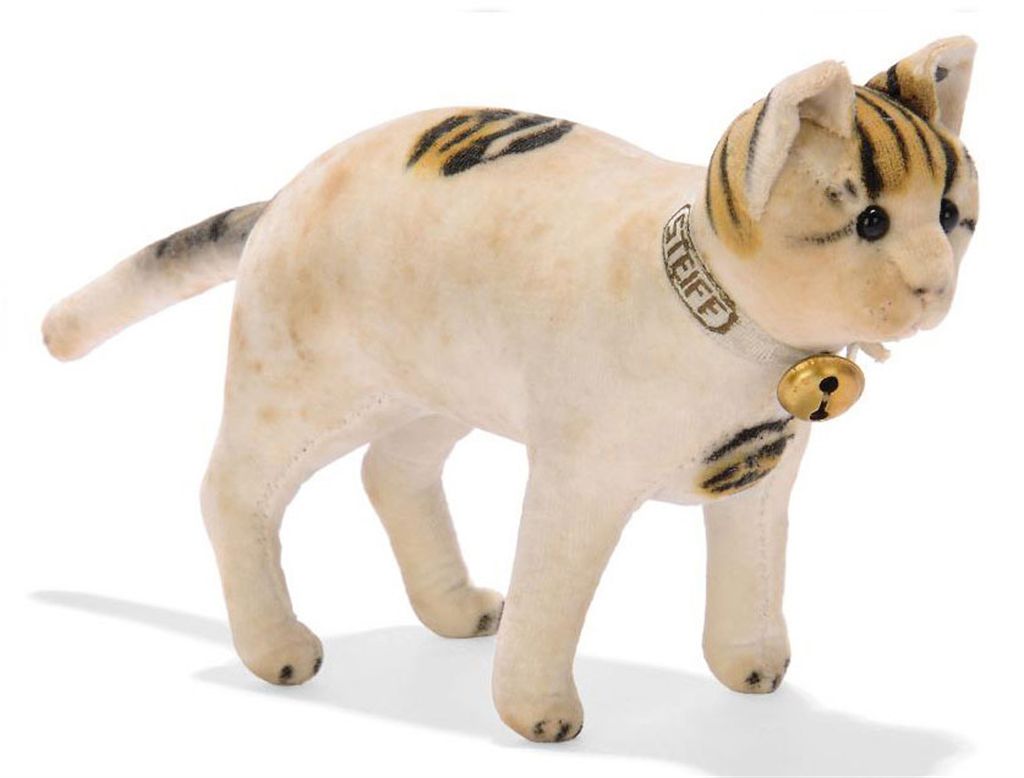 A STEIFF STANDING VELVET CAT, (1417,0), white with black and brown ...