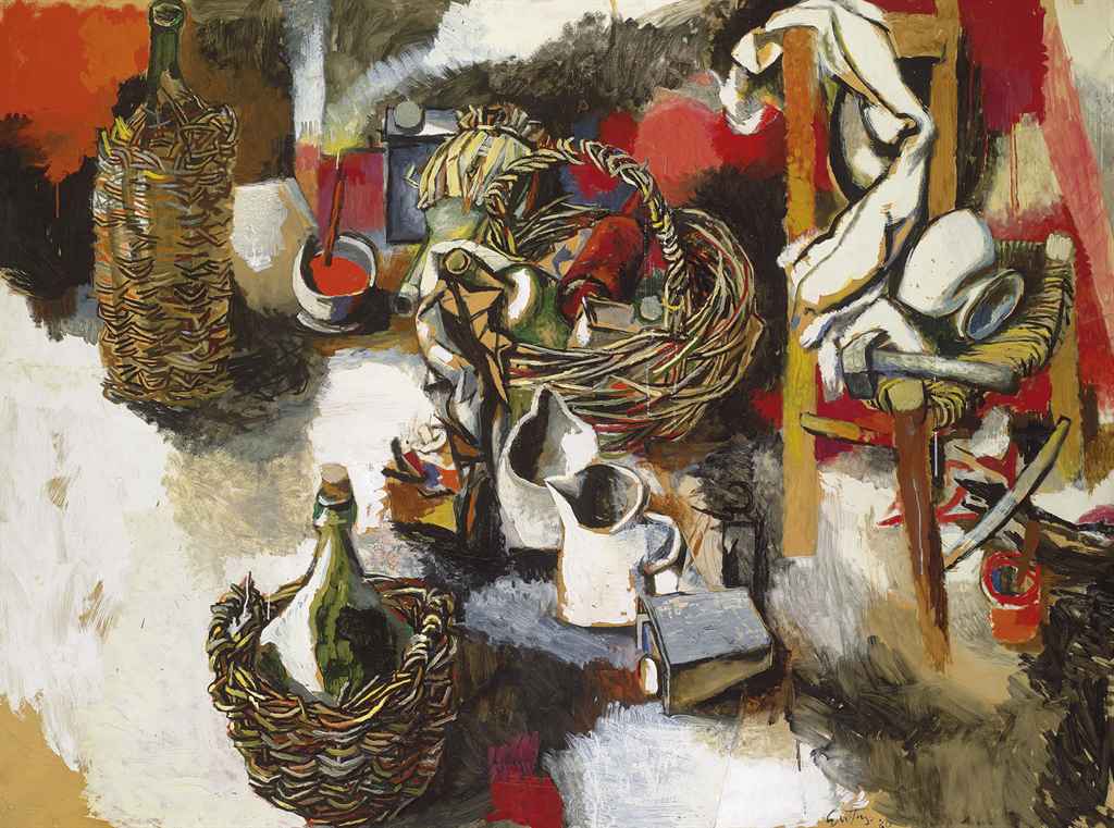 Renato Guttuso (1912-1987) , Interno con accessori di studio (damigiana ...