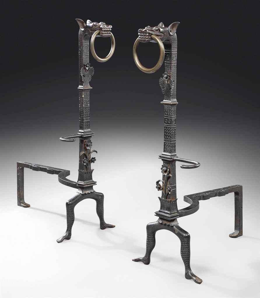 EUGÈNE VIOLLET-LE-DUC (1814-1879), AFTER A DESIGN BY , PAIR OF ANDIRONS ...