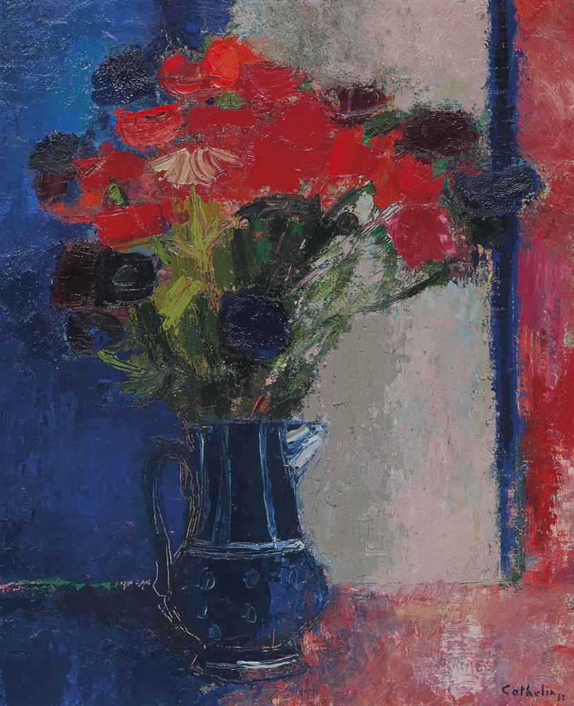 Bernard Cathelin (French, 1919-2004) , Anémones au pot bleu sombre ...