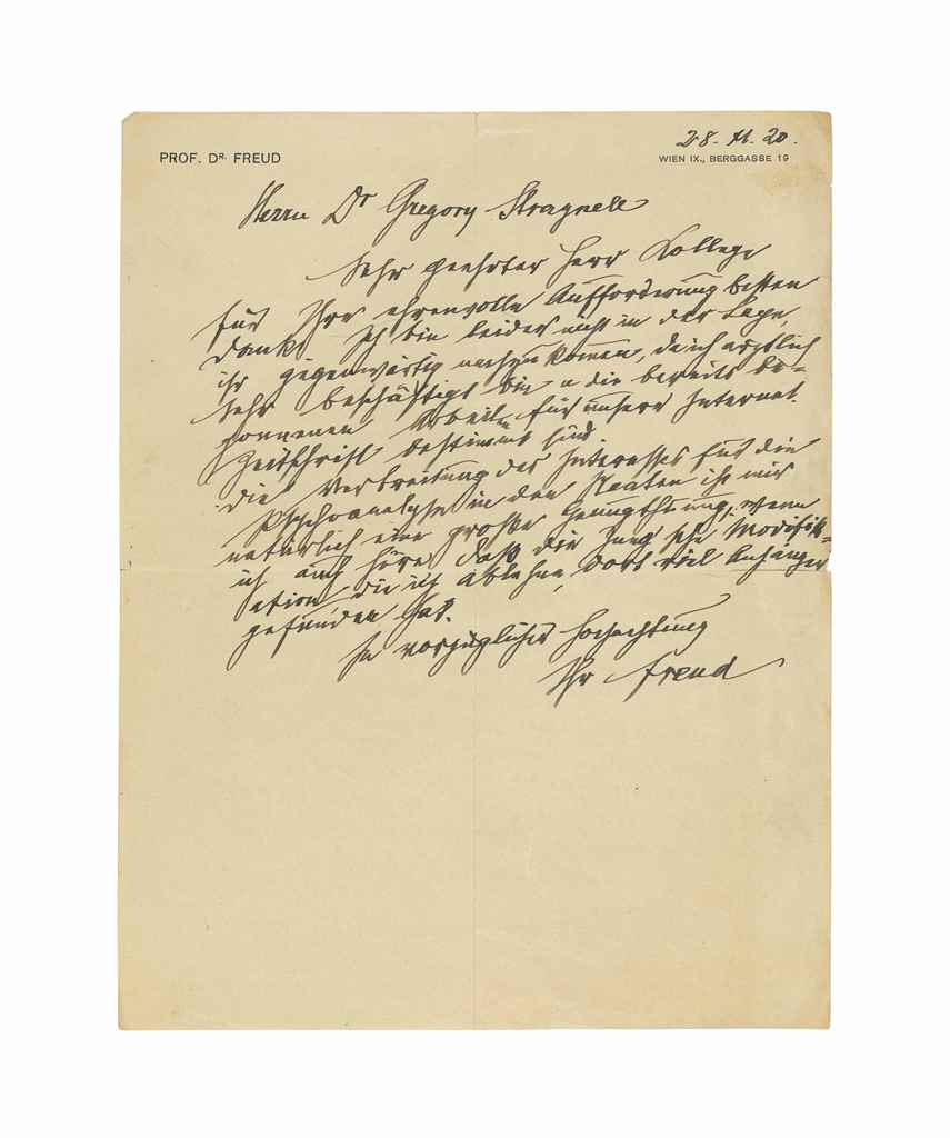 FREUD, Sigmund (1856-1939). Autograph letter signed (‘Freud’) to Dr ...