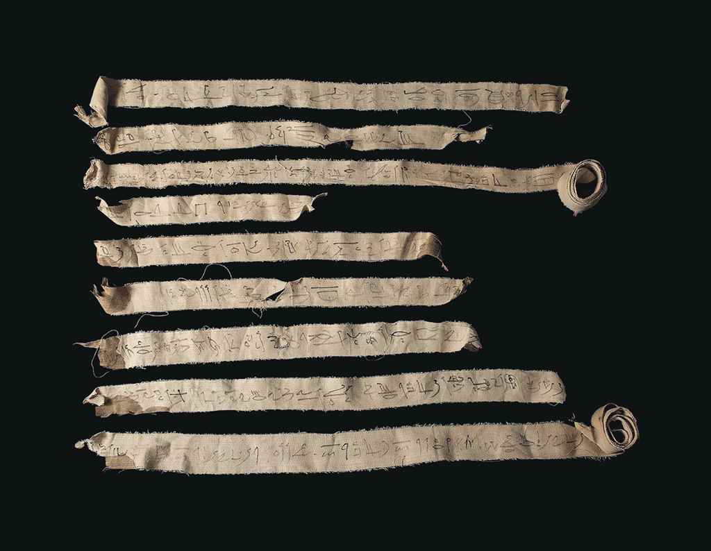 NINE EGYPTIAN LINEN MUMMY BANDAGES FOR HARPAKHEM , LATE PERIOD TO ROMAN ...