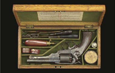A CASED 54-BORE KERR'S PATENT DOUBLE-ACTION PERCUSSION REVOLVER ...