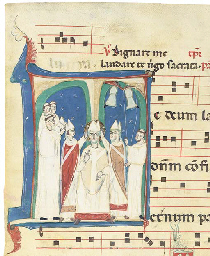 CONSECRATION OF SAINT AMBROSE AS BISHOP, historiated initial T, from an ...