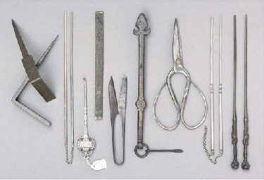A group of Japanese metal eating implements and tools, Edo period and ...
