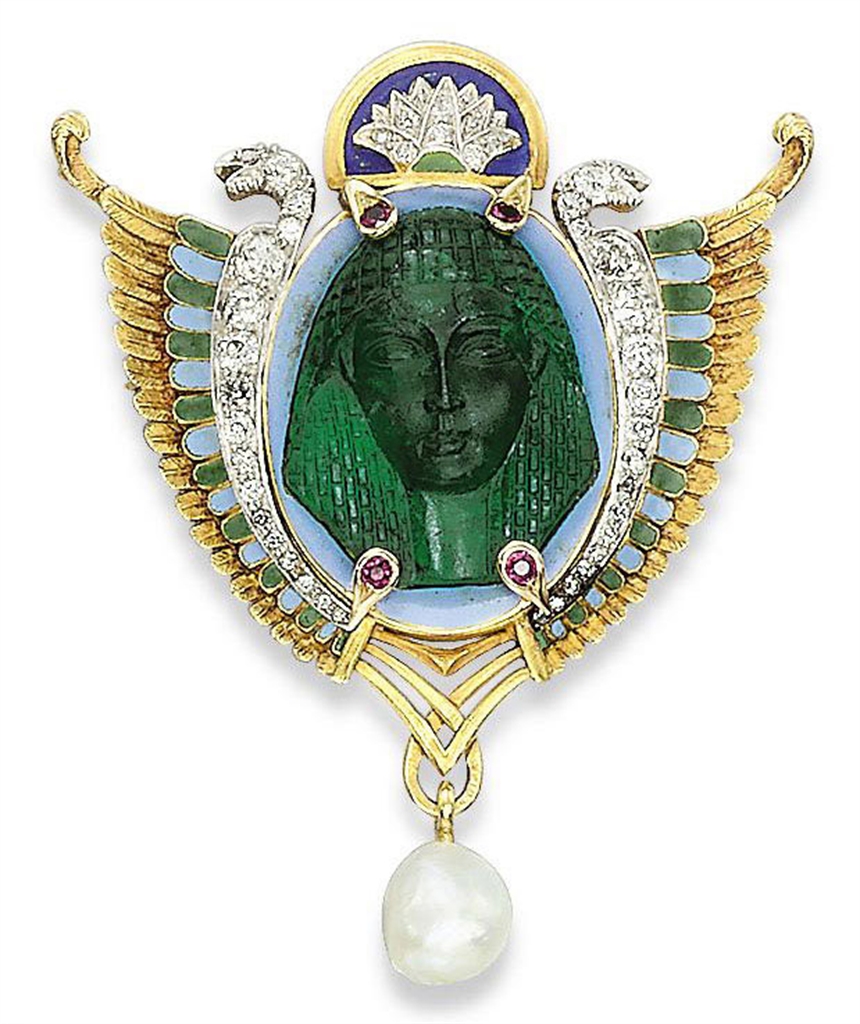 AN EGYPTIAN REVIVAL EMERALD, ENAMEL AND DIAMOND BROOCH | Jewelry ...