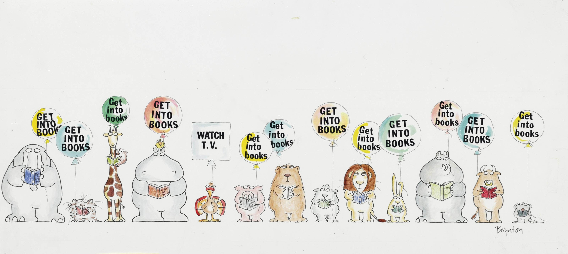 BOYNTON, Sandra (b. 1953). "Get Into Books." Ink and watercolor on ...