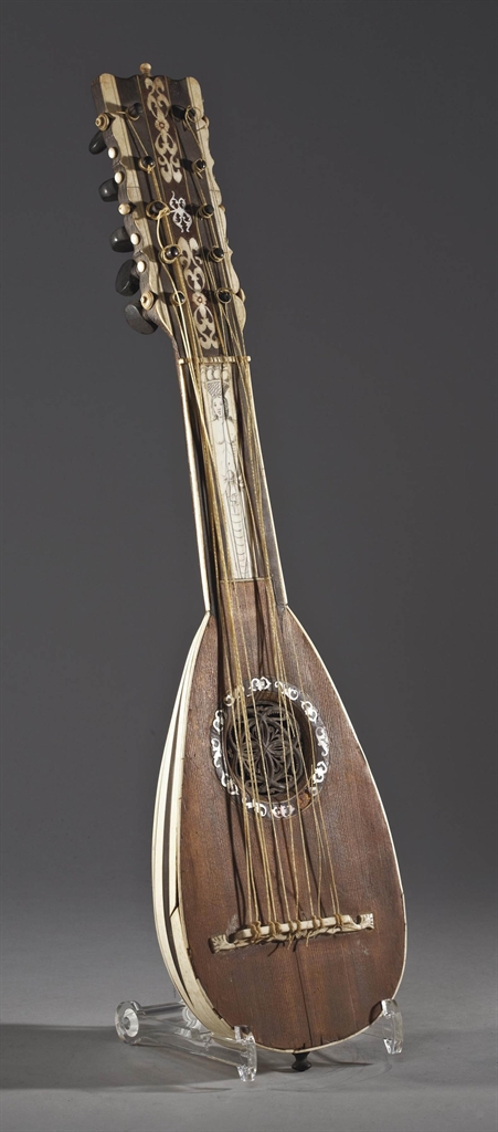 A 18TH CENTURY IVORY, BONE, SPRUCEWOOD AND MOTHER-OF-PEARL MANDOLIN ...